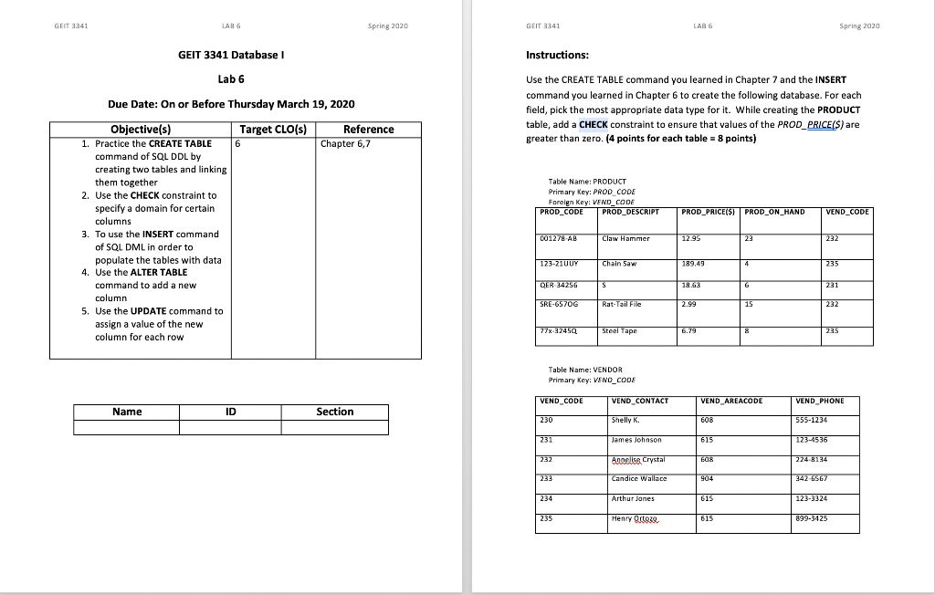 Solved GEIT 3341 LABG Spring 2020 GEIT 3341 LAB 6 Spring | Chegg.com
