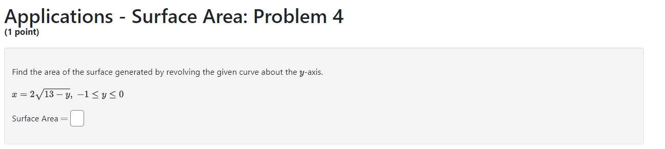 Solved Applications - Surface Area: Problem 2 (1 point) Find | Chegg.com