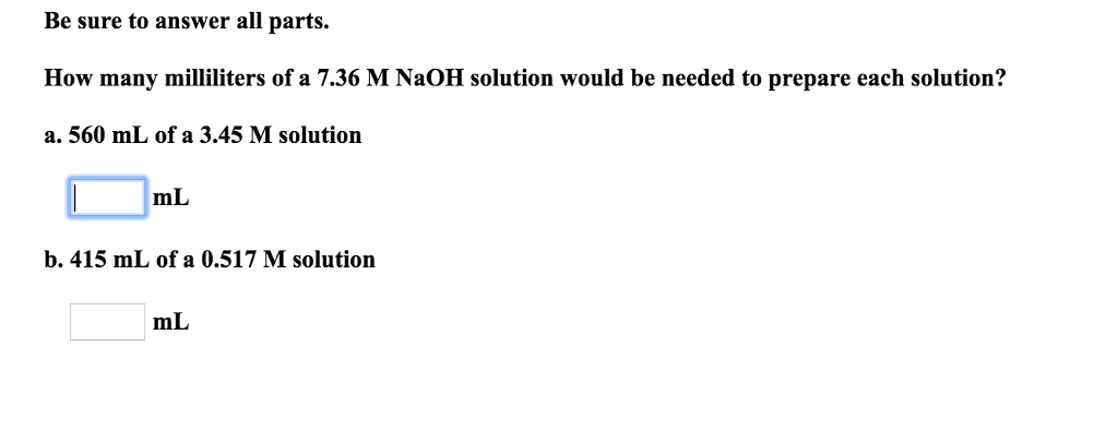 Solved Be sure to answer all parts. How many milliliters of | Chegg.com