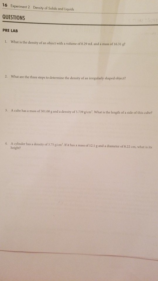 Solved 16 Experiment 2 Density of Solids and lLiquids | Chegg.com