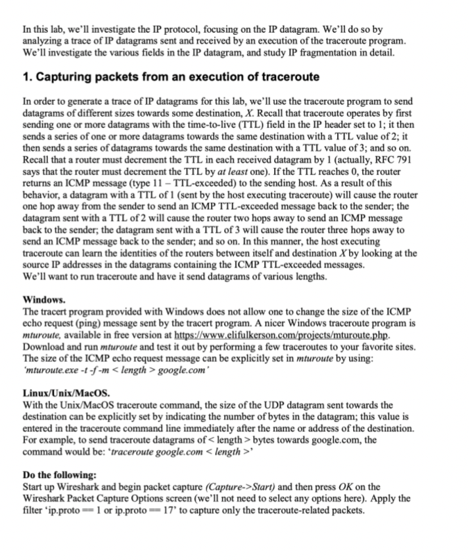 In this lab, we'll investigate the IP protocol, | Chegg.com