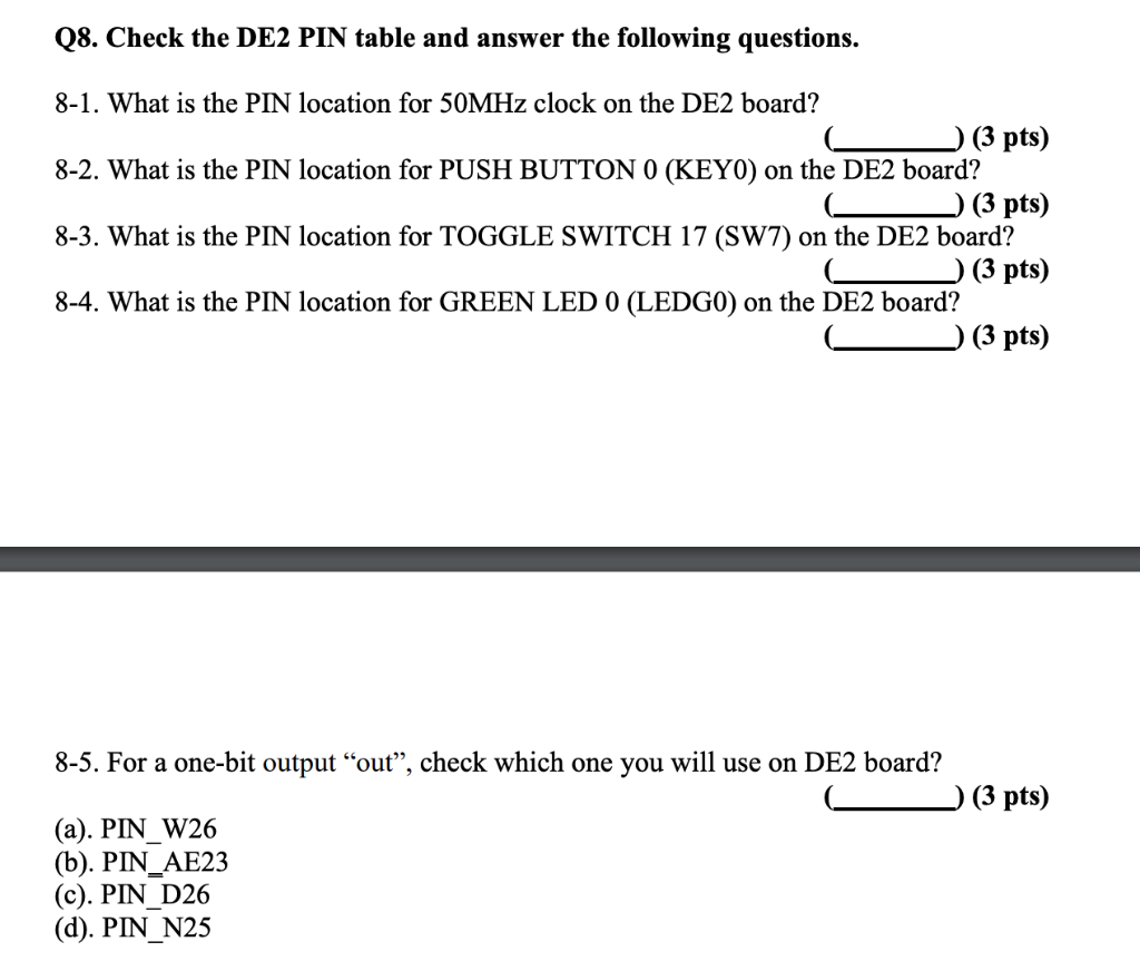 Solved Q8. Check the DE2 PIN table and answer the following | Chegg.com