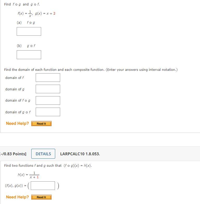 Solved Find fog and gof. f(x) = 1, g(x) = x + 2 x fog (b) | Chegg.com
