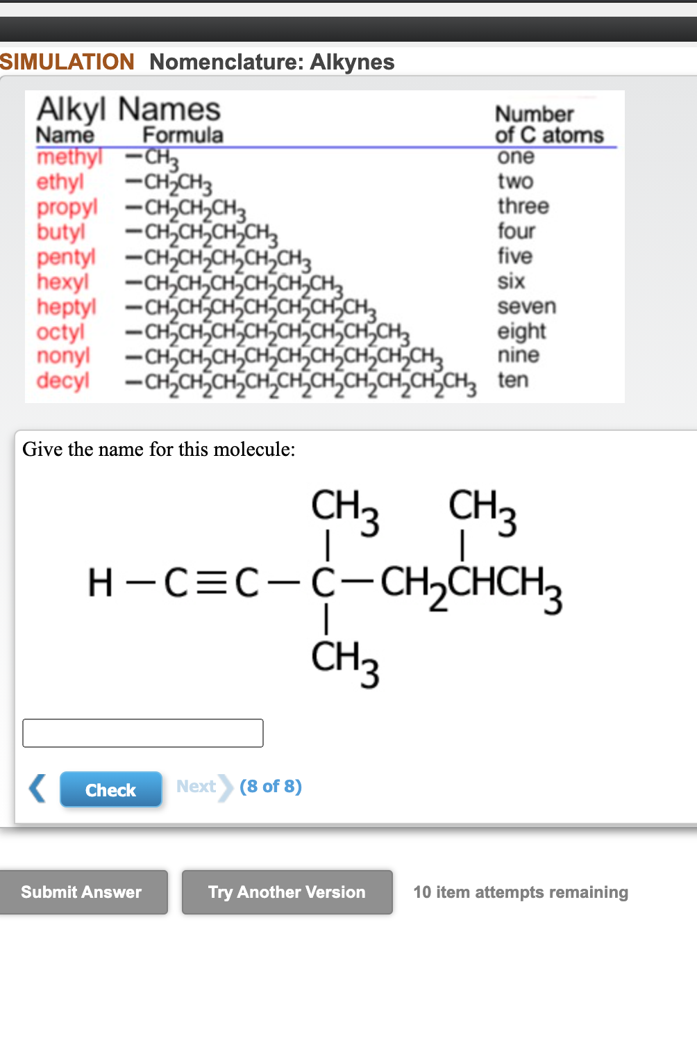 Solved SIMULATION Nomenclature: Alkynes Alkyl Names Number | Chegg.com Solved SIMULATION Nomenclature: Alkynes Alkyl Names Number | Chegg.com