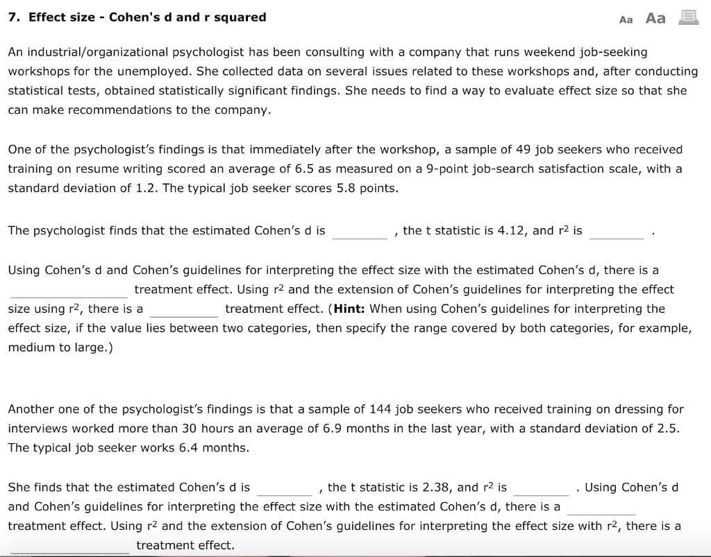 Solved 7. Effect size Cohen's d and r squared Aa Aa An | Chegg.com