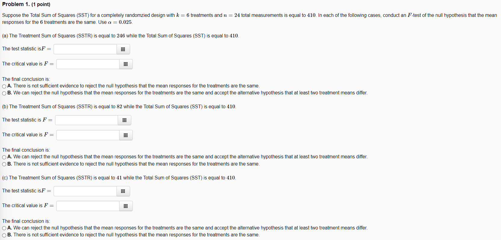 Solved Problem 1. (1 point) Suppose the Total Sum of Squares | Chegg.com