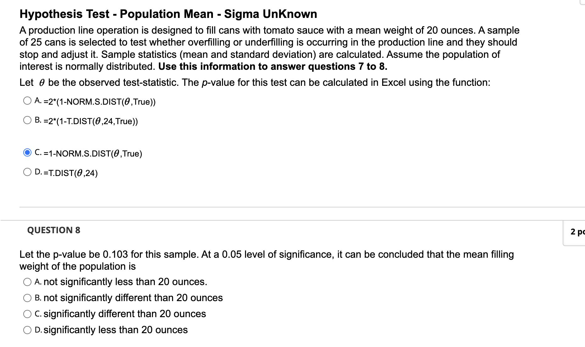 Solved Hypothesis Test - Population Mean - Sigma UnKnown A | Chegg.com
