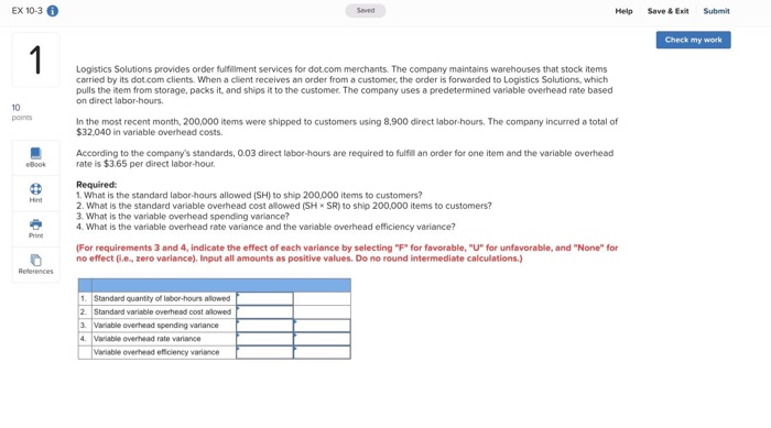 Solved EX 10-3 Help Save&Exit Submit Check my work Logistics | Chegg.com
