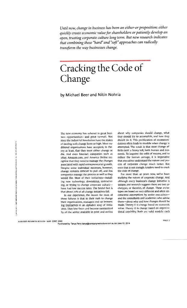 From The Article, Cracking The Code Of Change, A) ... | Chegg.com
