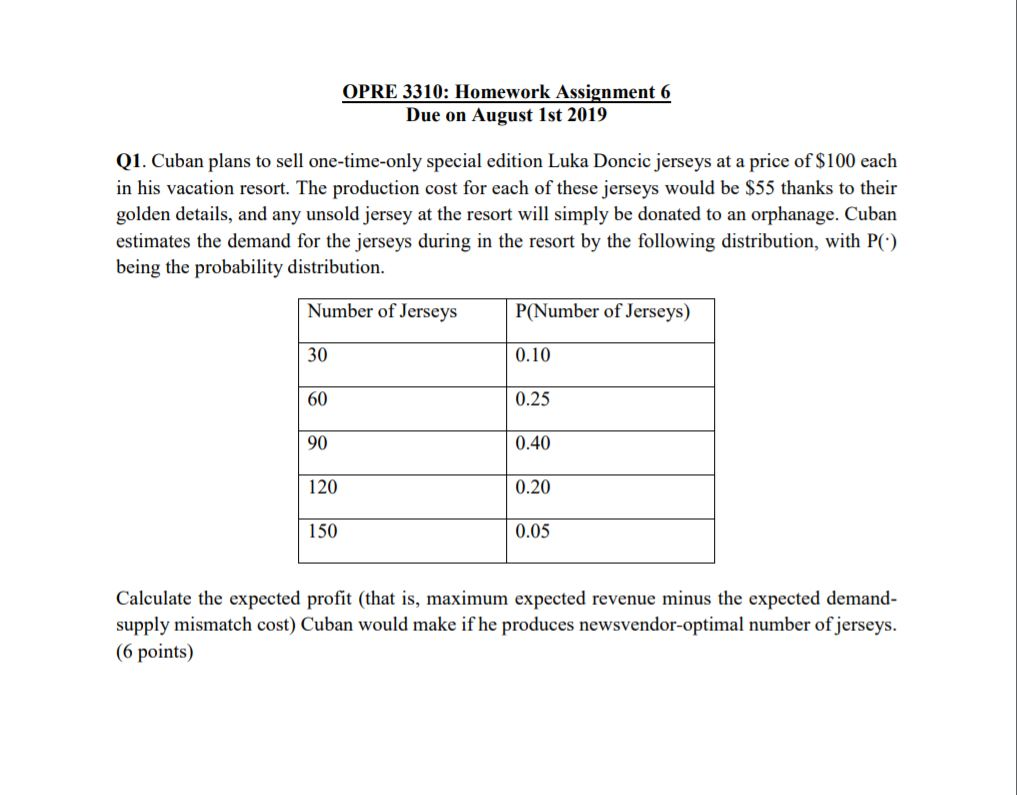 Solved OPRE 3310: Homework Assignment 6 Due on August 1st | Chegg.com