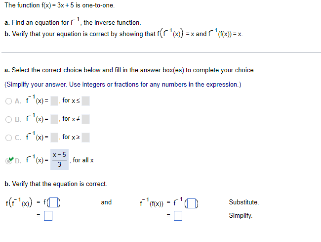 Solved The function f(x)=3x+5 is one-to-one. a. Find an | Chegg.com