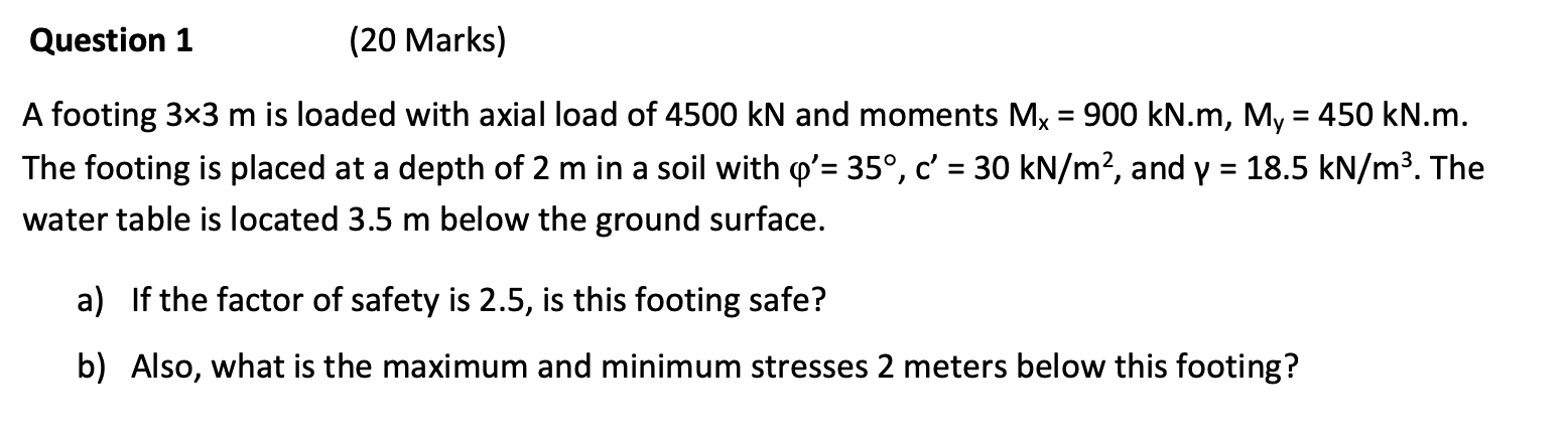 Solved Question 1(20 ﻿Marks)A footing 3×3m ﻿is loaded with | Chegg.com