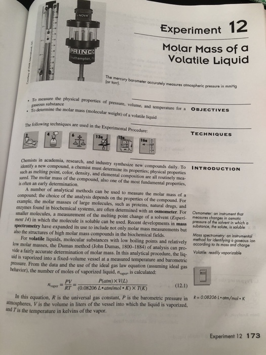Solved Experiment 12 Report S Molar Mass of a Volatile | Chegg.com