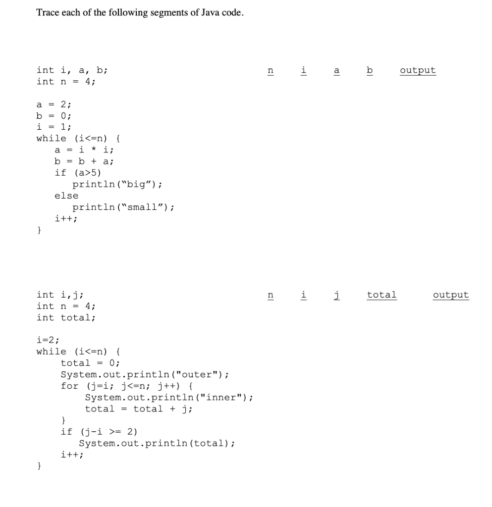 Solved Trace each of the following segments of Java code. n | Chegg.com