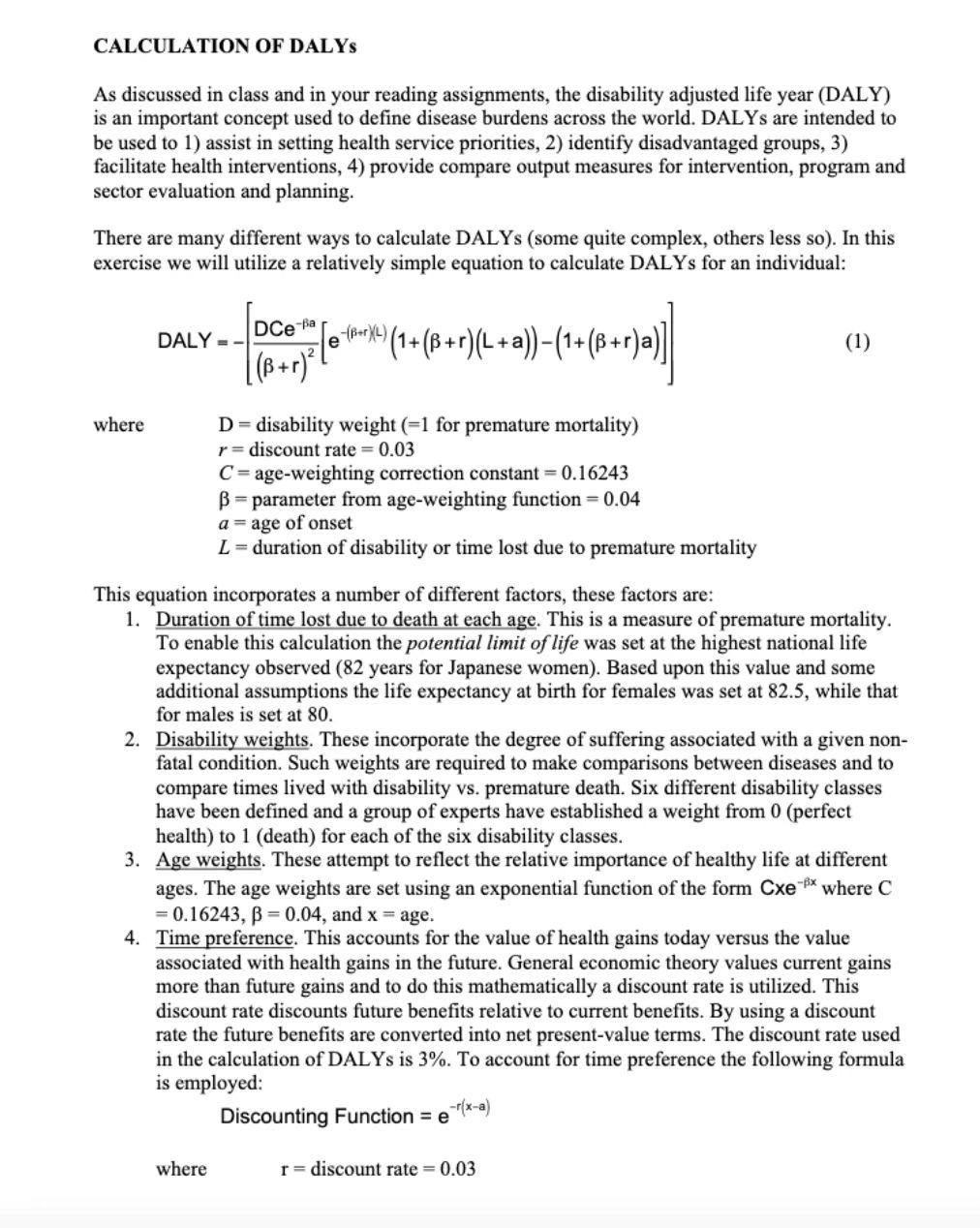 CALCULATION OF DALYS As discussed in class and in | Chegg.com