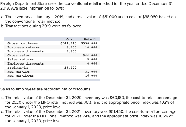 Solved Raleigh Department Store uses the conventional retail | Chegg.com