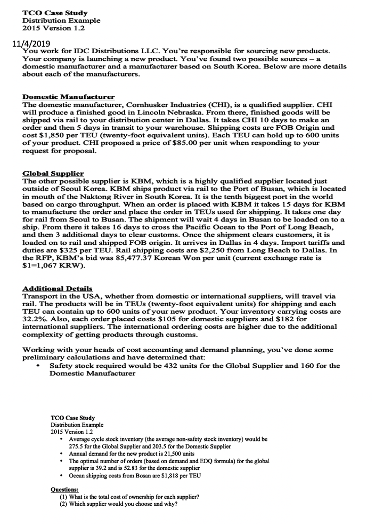 TCO Case Study Distribution Example 2015 Version 1.2 | Chegg.com