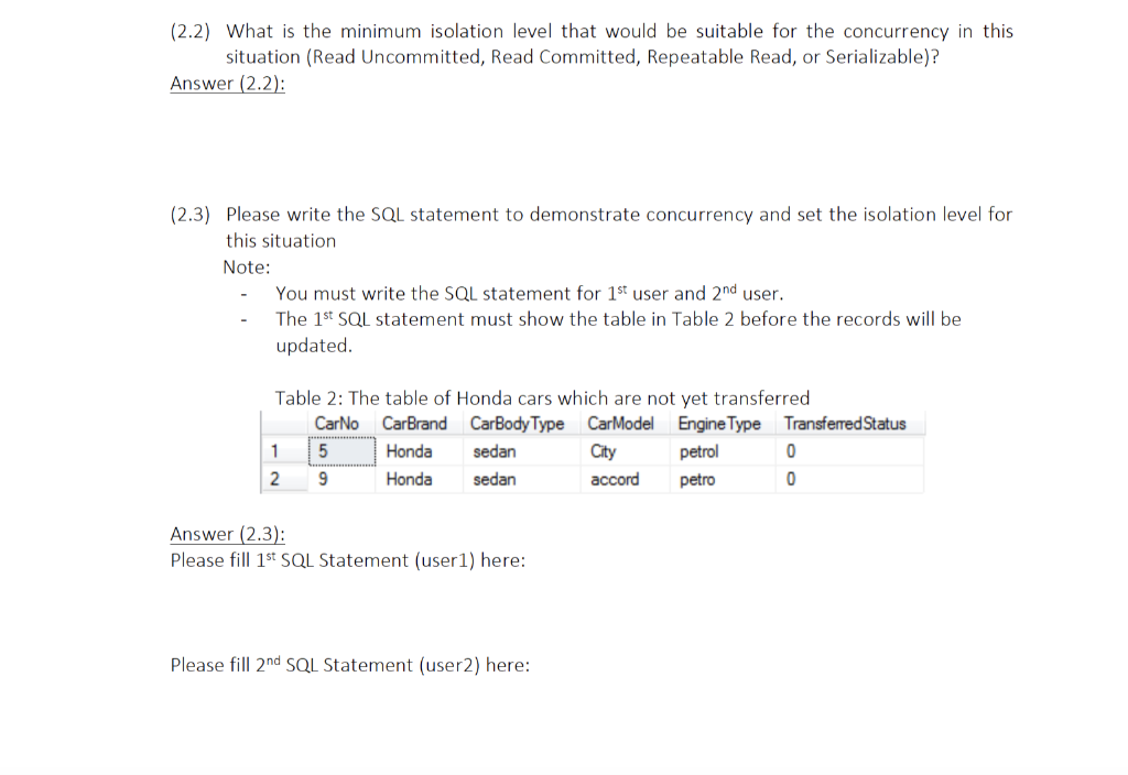Solved Question 2: Create the table "Car" on your database | Chegg.com
