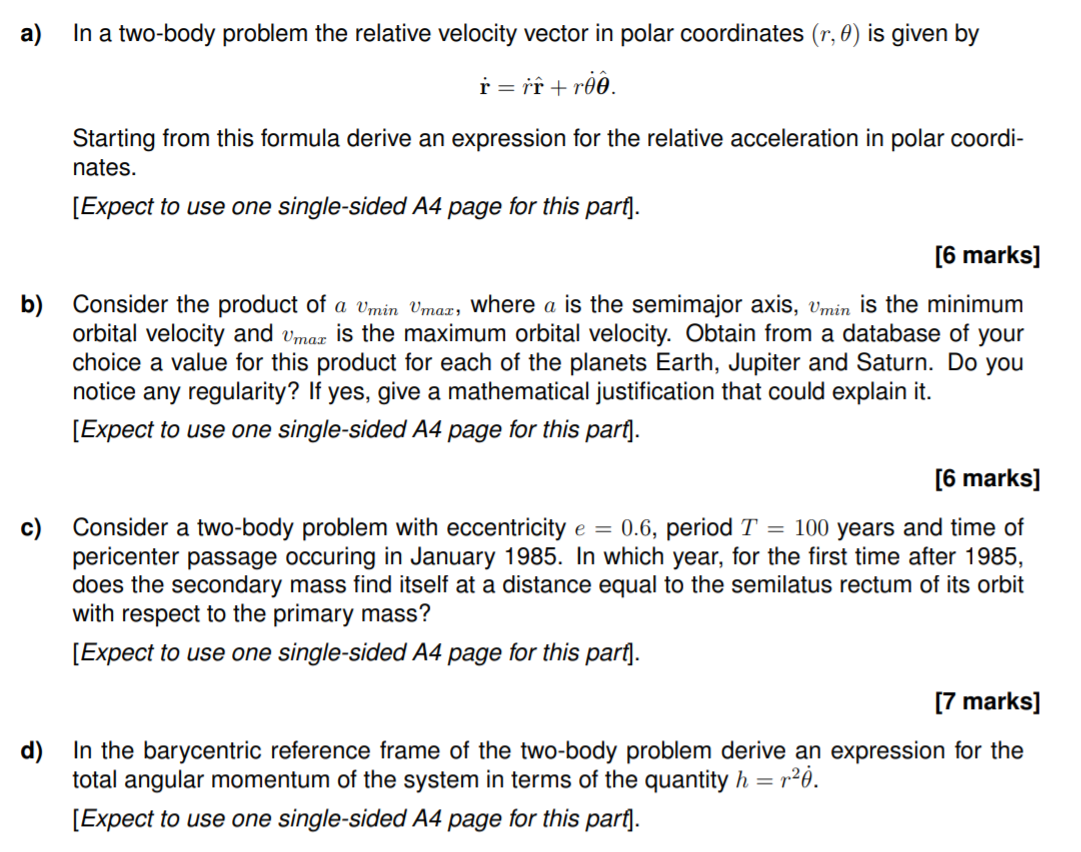 Solved a) In a two-body problem the relative velocity vector | Chegg.com