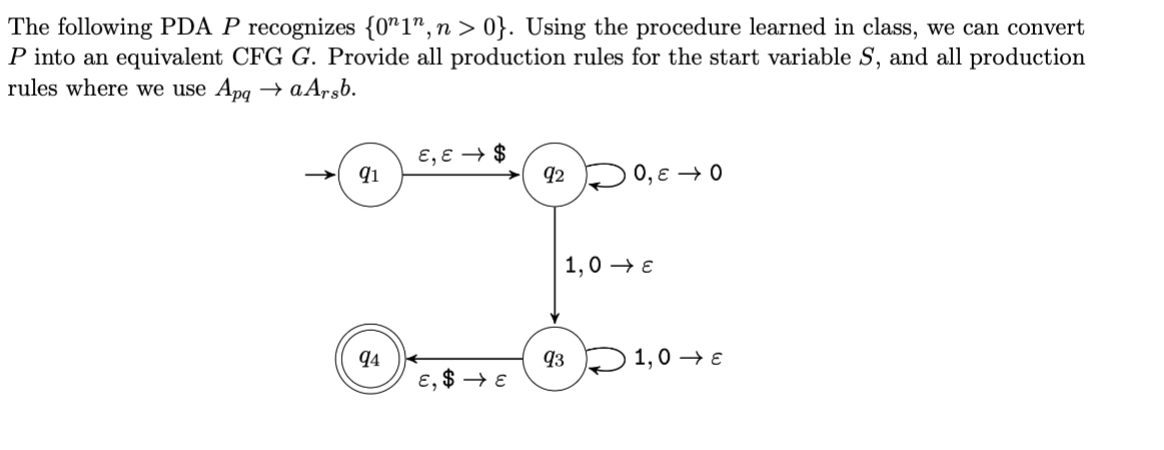 Solved The following PDA P recognizes {0n1n,n>0}. Using the | Chegg.com