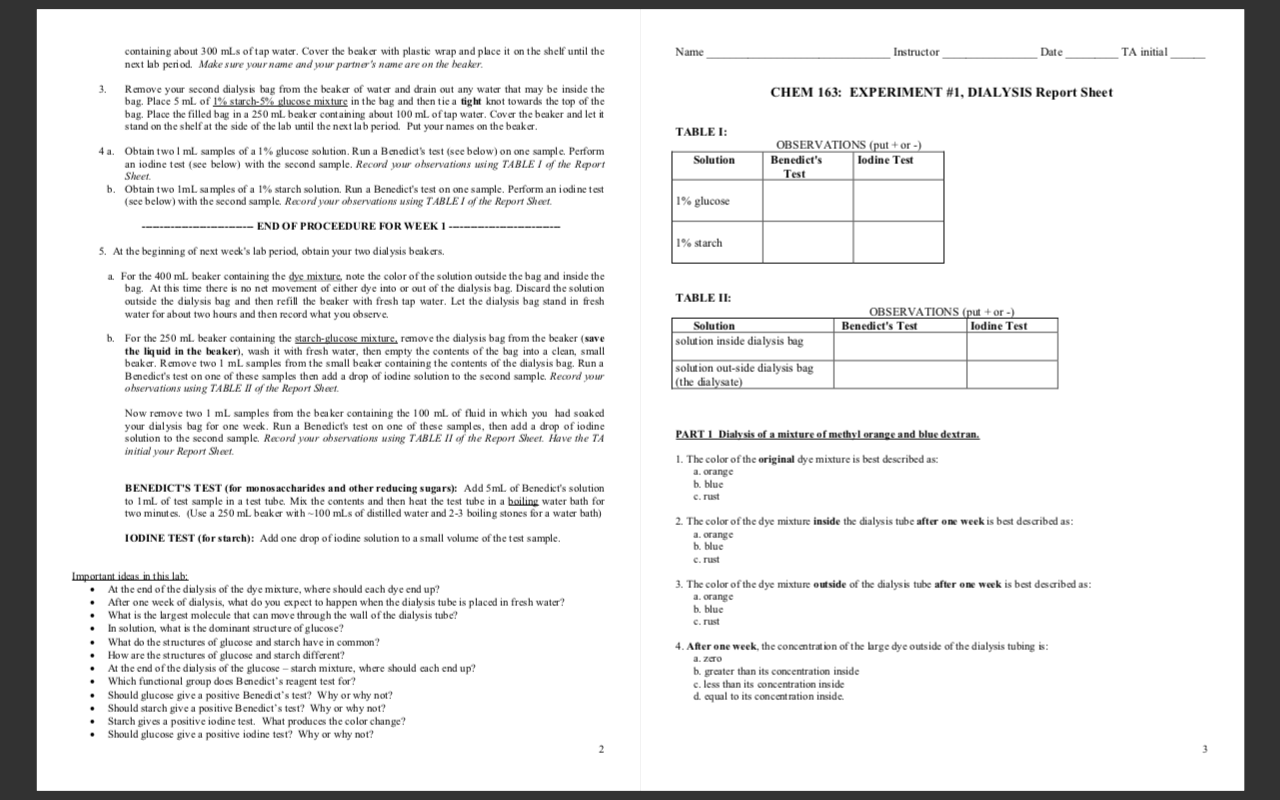 CHEM 163: EXPERIMENT #1---------DIALYSIS INTRODUCTION | Chegg.com