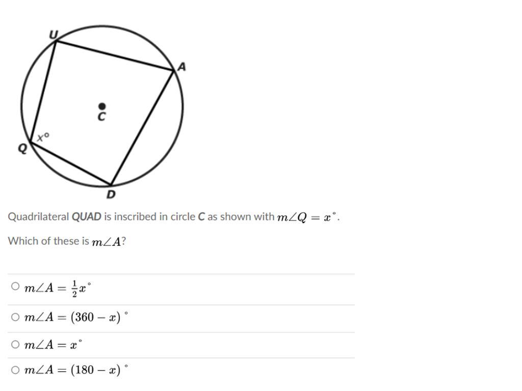 Solved A to D Quadrilateral QUAD is inscribed in circle C as | Chegg.com