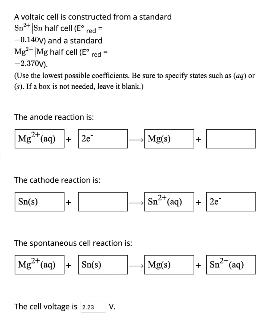 Solved A voltaic cell is constructed from a standard Sn2+∣Sn | Chegg.com