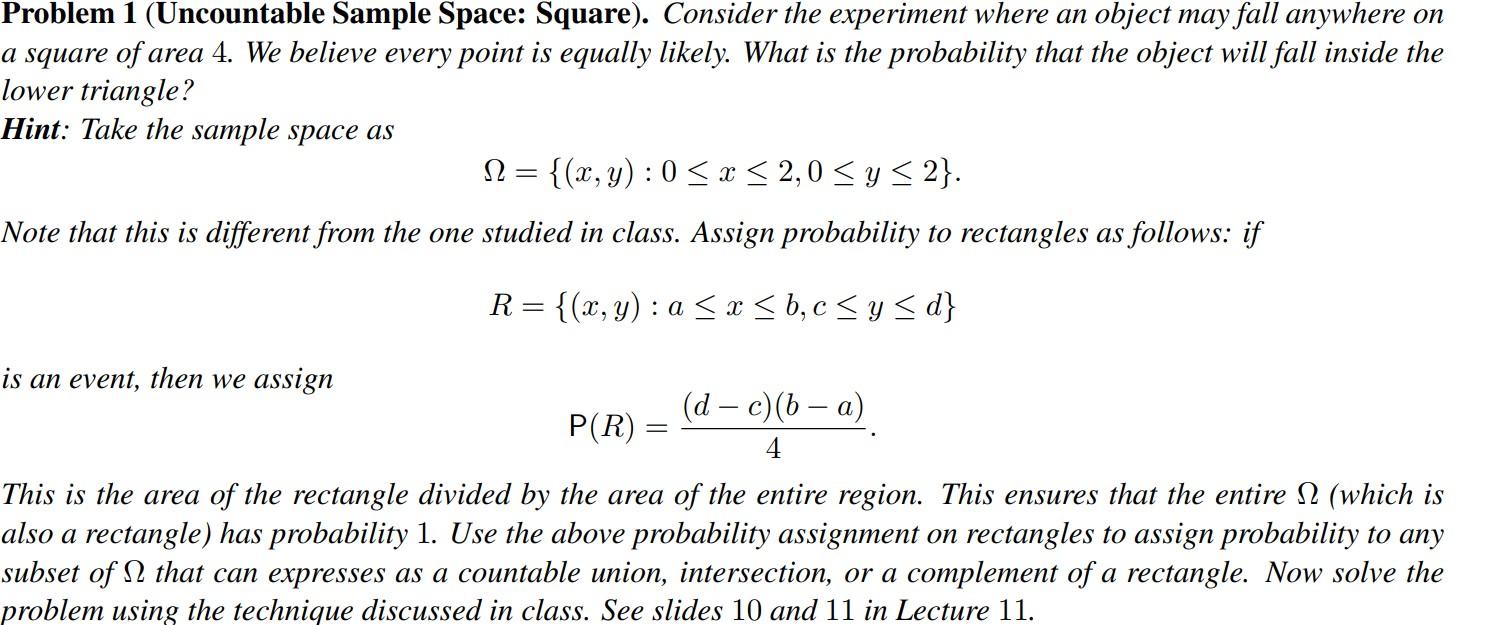 Solved Problem 1 (Uncountable Sample Space: Square). | Chegg.com