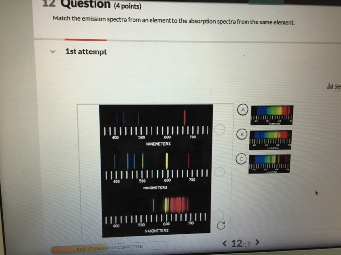 Solved Match the emission spectra from an element to the | Chegg.com