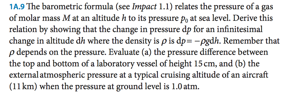 Solved 1A.9 The barometric formula (see Impact 1.1) relates | Chegg.com