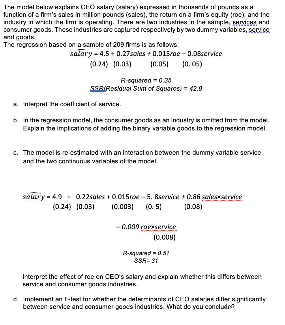 Solved The Model Below Explains CEO Salary salary Chegg