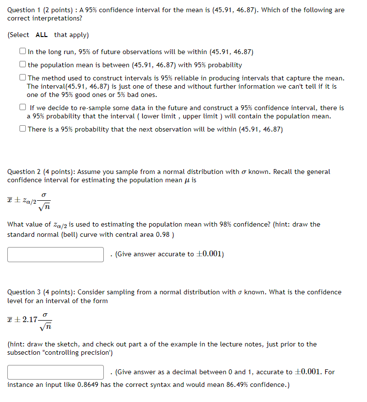 Solved Question 1 (2 points) : A 95\% confidence interval | Chegg.com