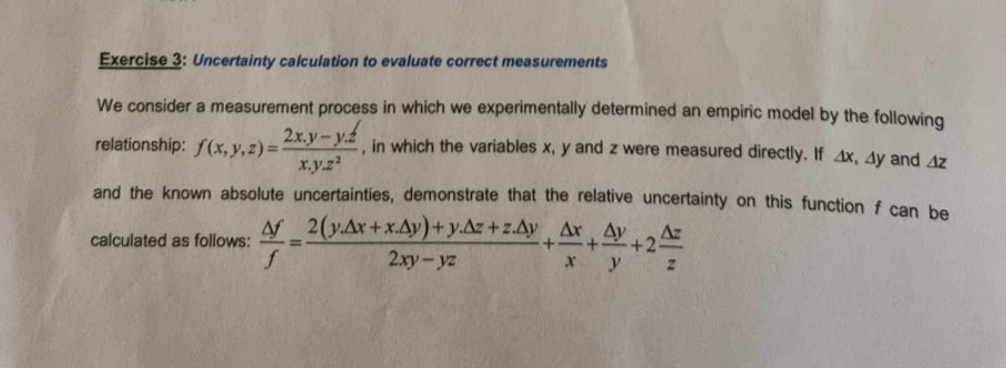Solved Exercise 3: Uncertainty calculation to evaluate | Chegg.com