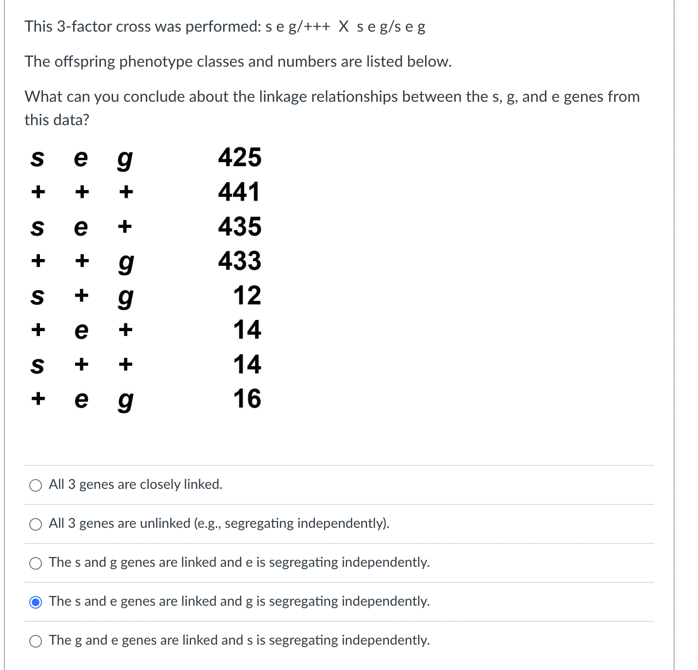 Solved This 3-factor cross was performed: s e g/+++ ﻿X s e | Chegg.com