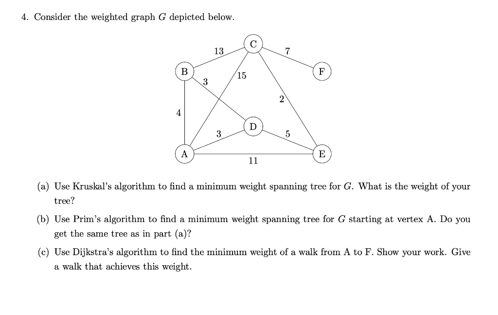 Solved 4. Consider the weighted graph G depicted below. (a) | Chegg.com