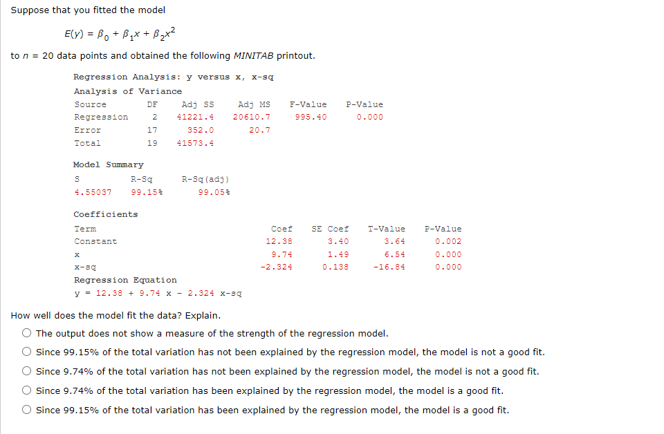 Solved Suppose that you fitted the model E(y)=β0+β1x+β2x2 to | Chegg.com