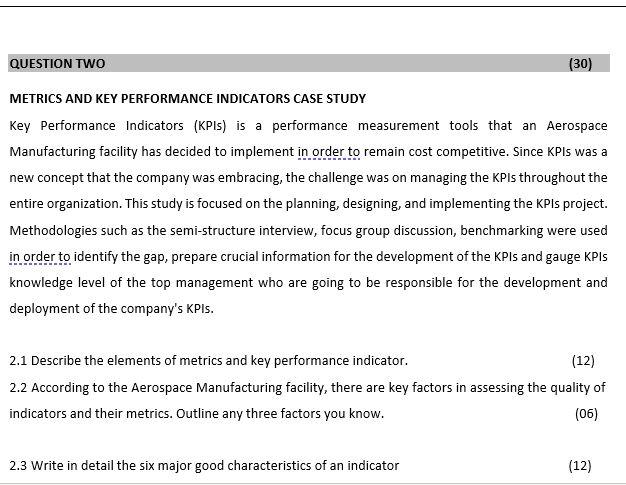 Solved METRICS AND KEY PERFORMANCE INDICATORS CASE STUDY Key | Chegg.com