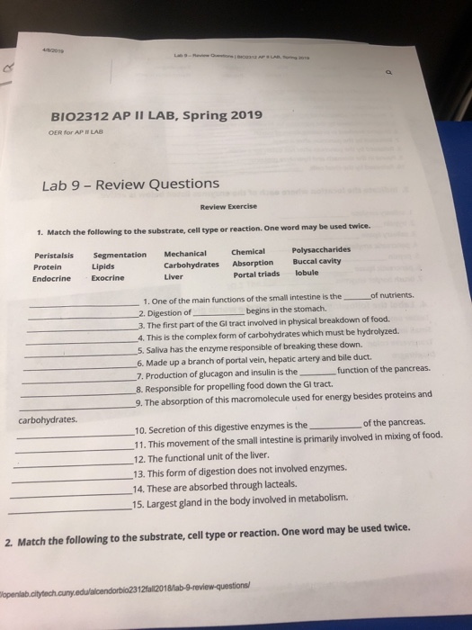 Solved BIO2312 AP II LAB, Spring 2019 OER for AP I LAB Lab 9 | Chegg.com