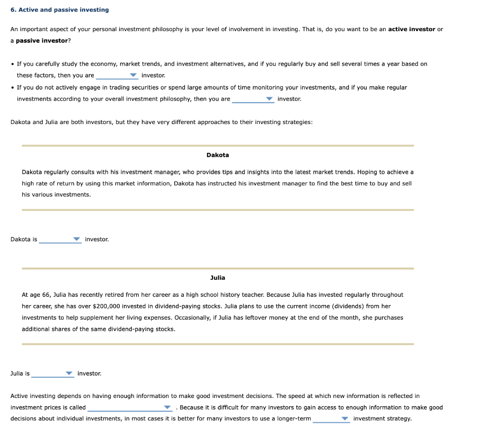 Solved 6. Active and passive investing An important aspect | Chegg.com