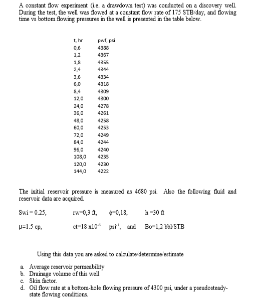 A constant flow experiment (.e. a drawdown test) was | Chegg.com