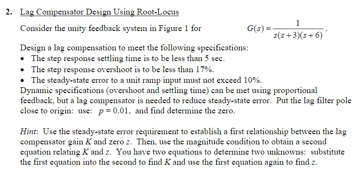 Solved Lag Compensator Design Using Root-Locus 2. Consider | Chegg.com