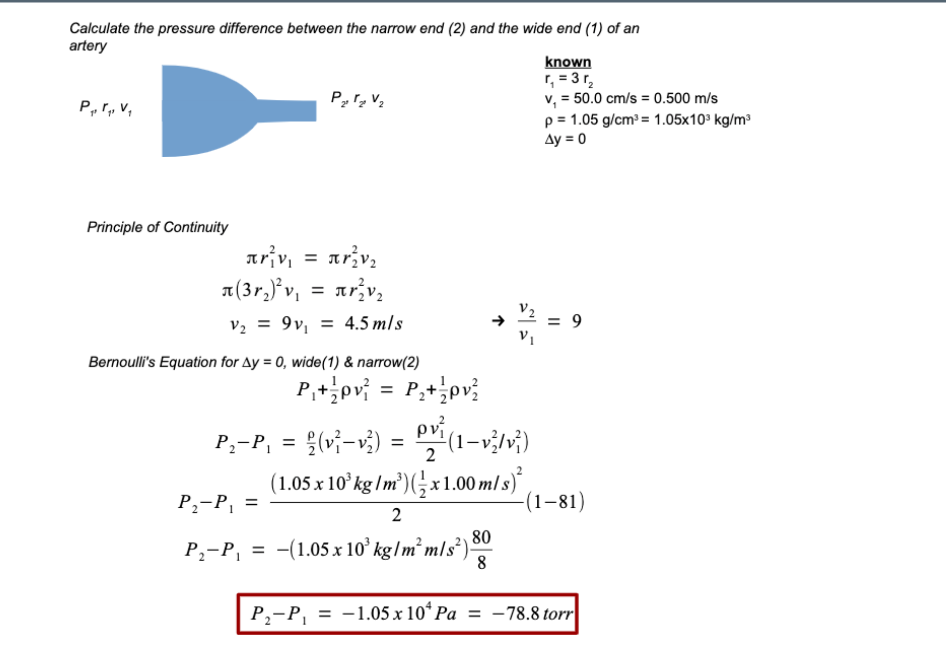 Solved Calculate the pressure difference between the narrow | Chegg.com