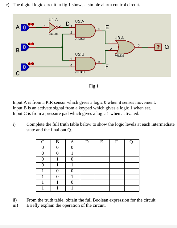 Solved c) The digital logic circuit in fig 1 shows a simple | Chegg.com