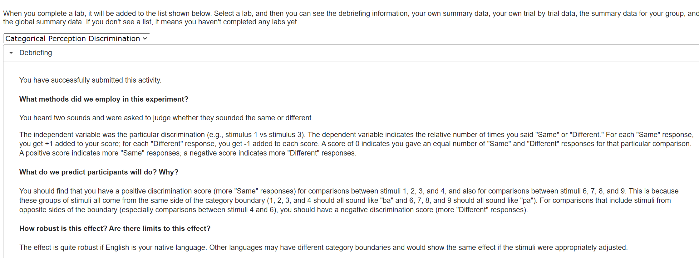 Solved 1. Describe the expected results of the CogLab | Chegg.com