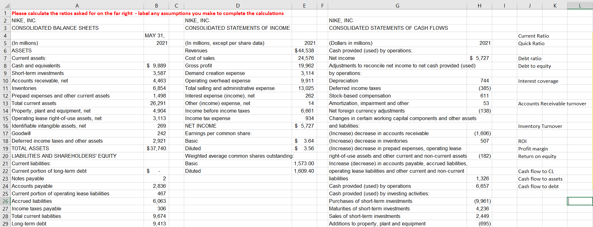 Calculate the ratios for Nike Inc. (ratios on the | Chegg.com