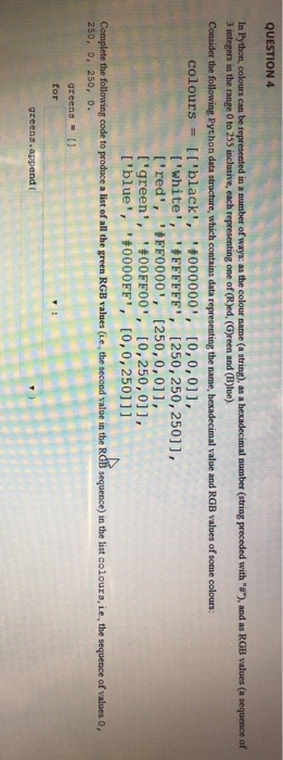 Solved QUESTION 4 In Python, colours can be represented in a | Chegg.com