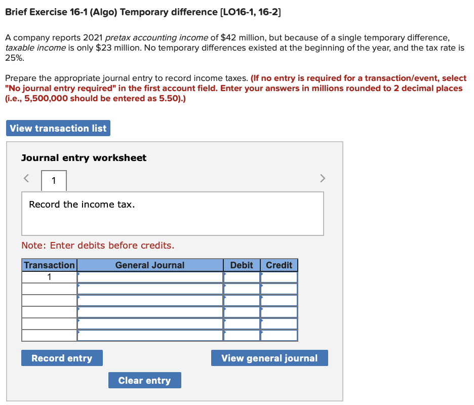 Solved Brief Exercise 16-1 (Algo) Temporary difference | Chegg.com