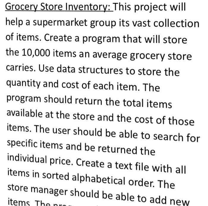 Solved Grocery Store Inventory: This project will help a | Chegg.com