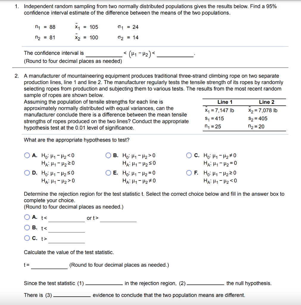 Solved Independent random sampling from two normally | Chegg.com