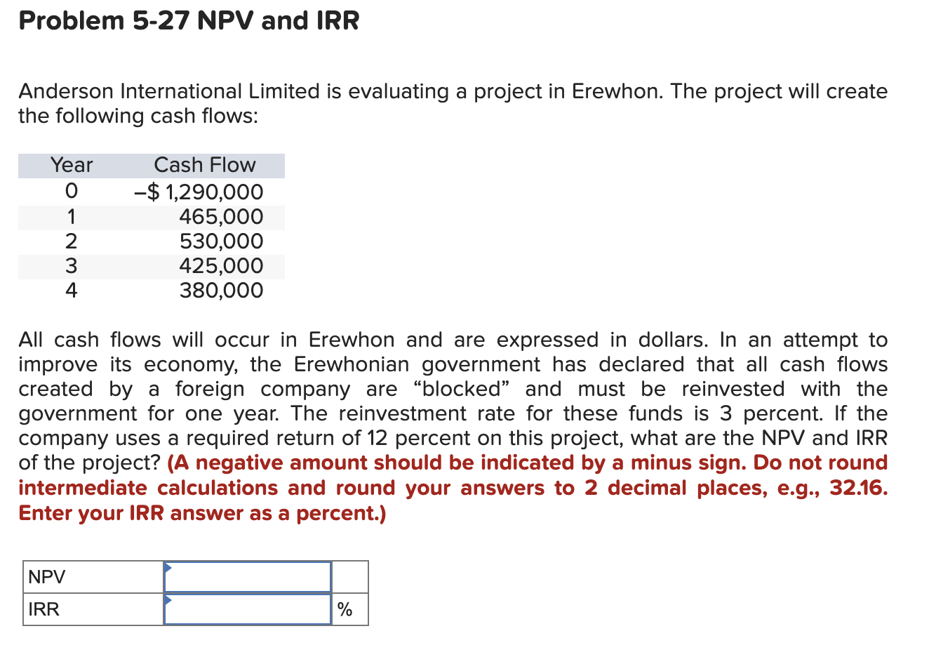 Problem 5-27 ﻿NPV and IRRAnderson International | Chegg.com